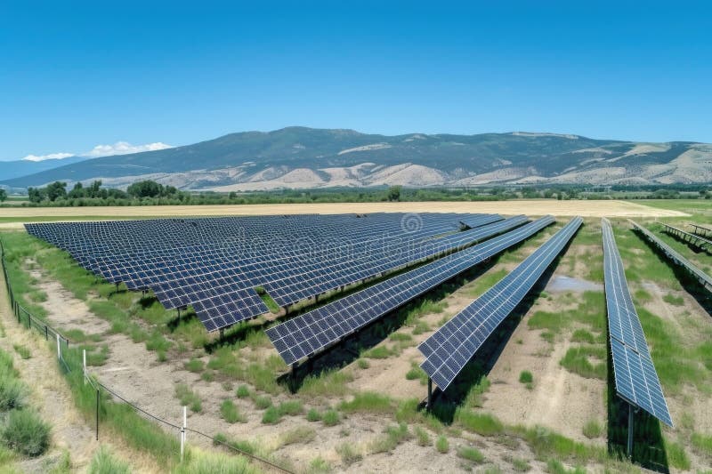 Rows of Solar Panels in a Field with Mountains in the Background Stock ...