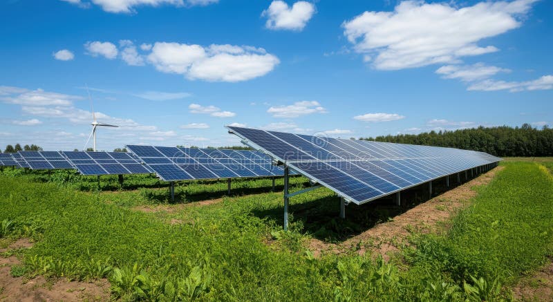 Rows of Solar Panels are Installed on a Grassy Field Stock Illustration ...