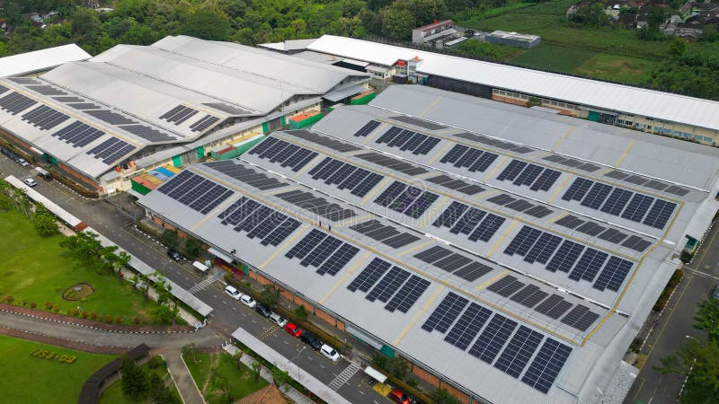 Rows of Solar Panels Installed on the Rooftop of a Factory, Capturing ...