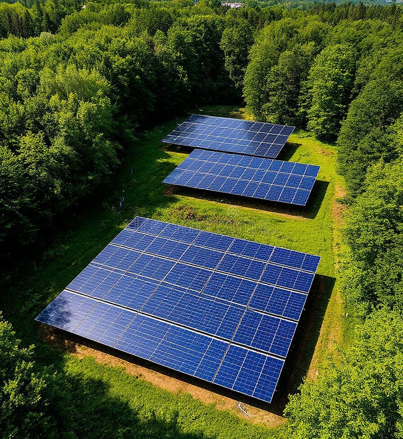 Rows of Solar Panels are Positioned in a Clearing, Surrounded by Dense ...