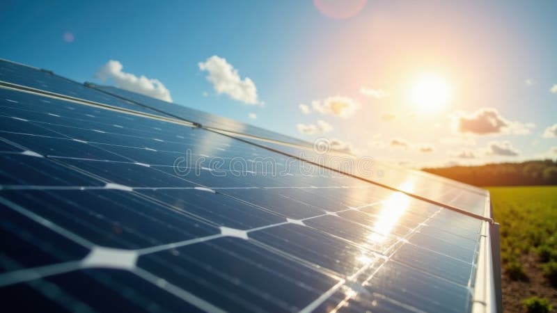 Rows of Solar Panels Reflect Sunlight As the Sun Sets in a Clear Blue ...
