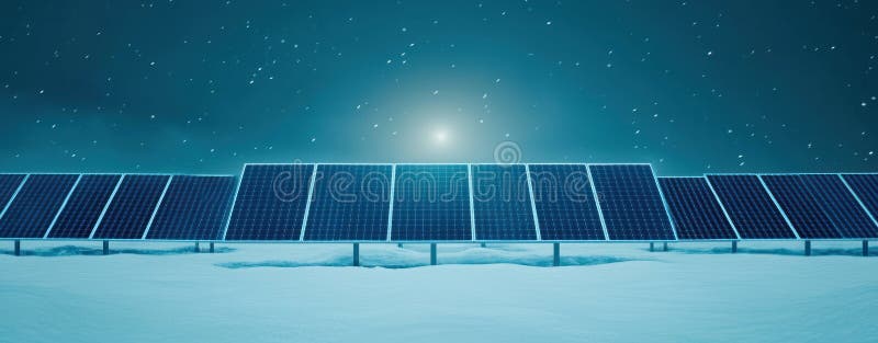 Rows of Solar Panels in Snowy Field Under Starry Night Sky Stock Image ...