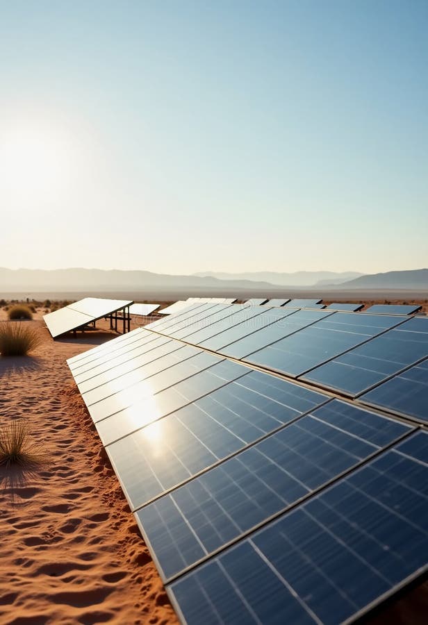 Rows of Solar Panels Stretch Across the Sandy Desert, Capturing the ...