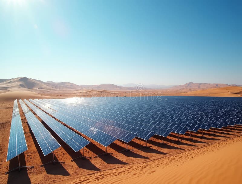 Solar Panels Reflect Sunlight in a Vast Desert Landscape Under a Clear ...
