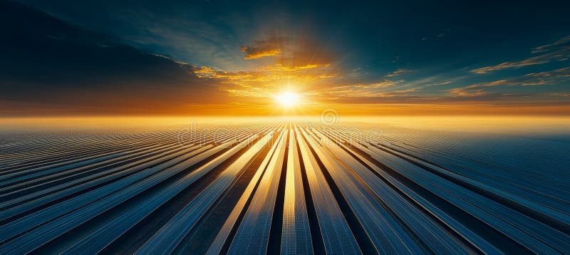 Rows of Solar Panels Stretching Towards the Horizon at Sunset Capturing ...