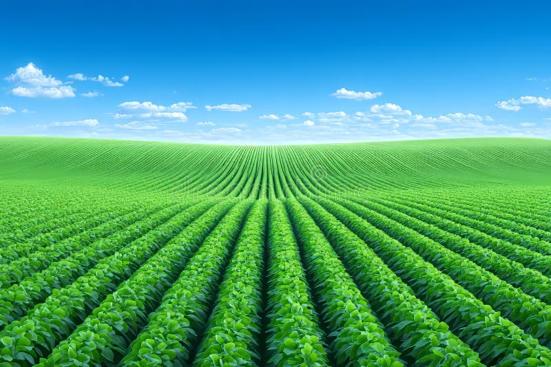 Rows of Soybeans Stretch Out with Farm Fields and Trees Visible in the Distance Stock ...