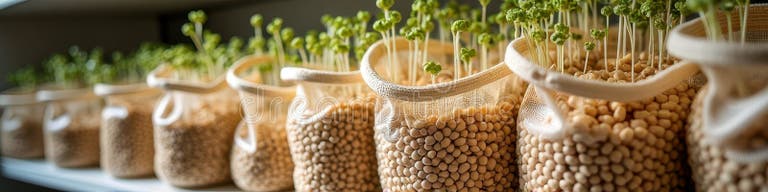 Rows of Sprouting Seeds in White Mesh Bags on Shelves Stock Photo ...