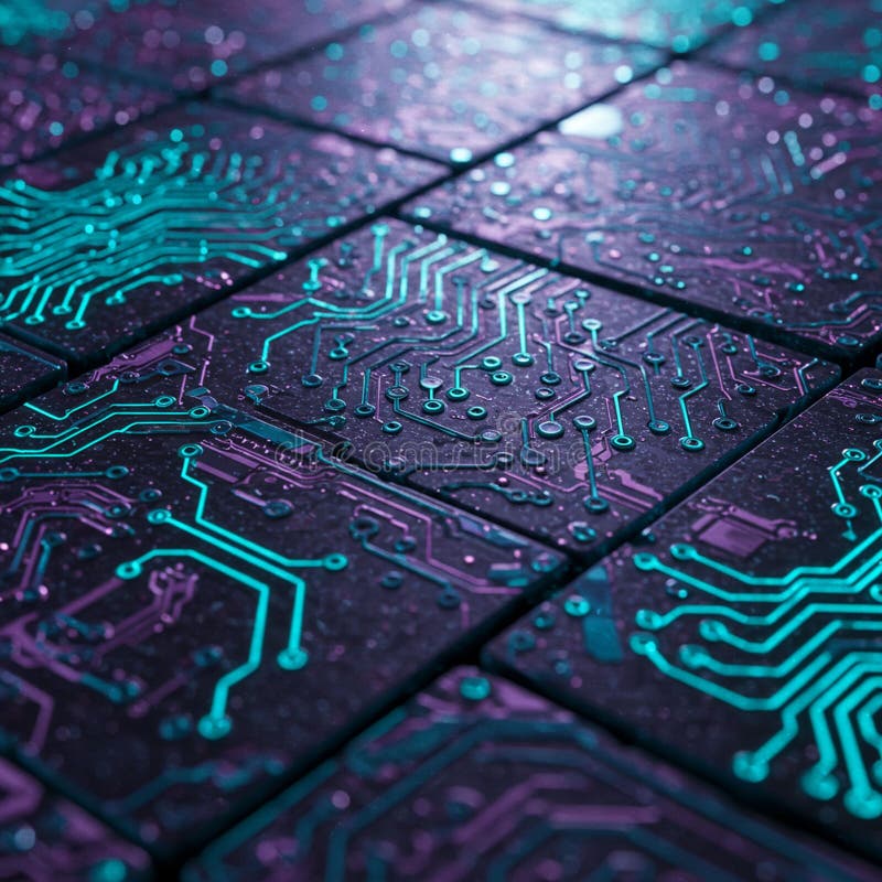 Rows of Square Circuit Boards with Intricate Teal Pathways Lie in a ...