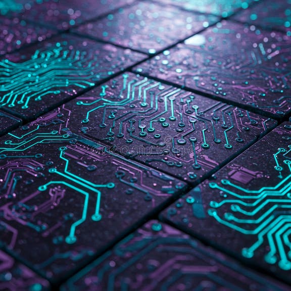 Rows of Square Circuit Boards with Intricate Teal Pathways Lie in a ...