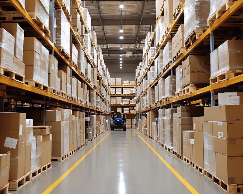 Rows of Stacked Boxes Inside a Large Warehouse Facility Stock ...