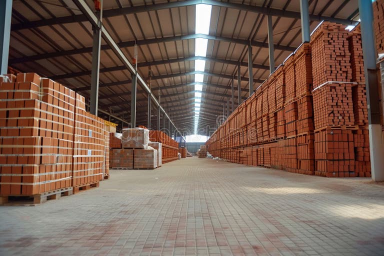 Rows Stacked Bricks Inside Modern Warehouse, Construction Storage ...