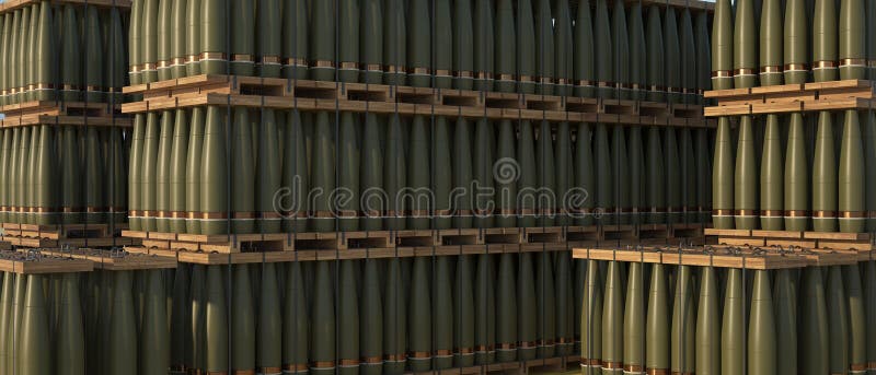 Rows of Stacked in Pallets 155mm Artillery Rounds - Standard NATO ...