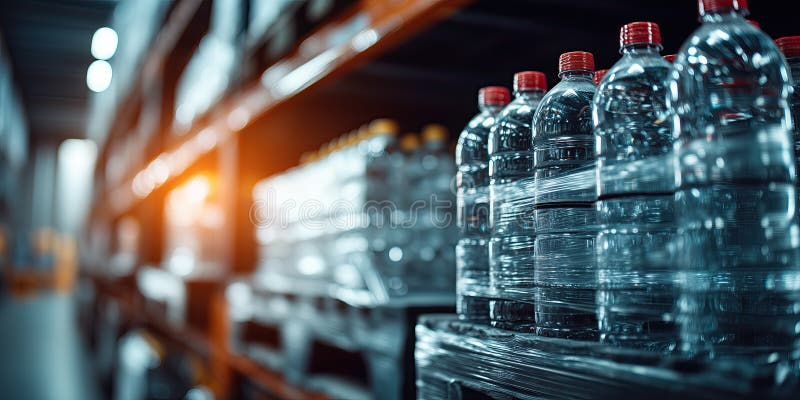 Rows of Stacked Water Bottles in Modern Warehouse, Illuminated by Warm ...