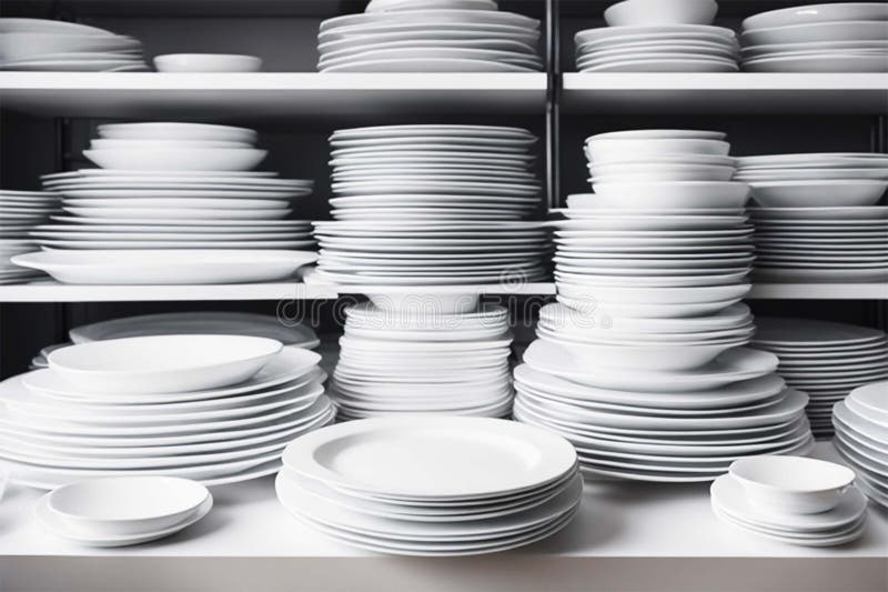 Rows and Stacks of White Empty Plates Sit Neatly on Shelves. Clean ...
