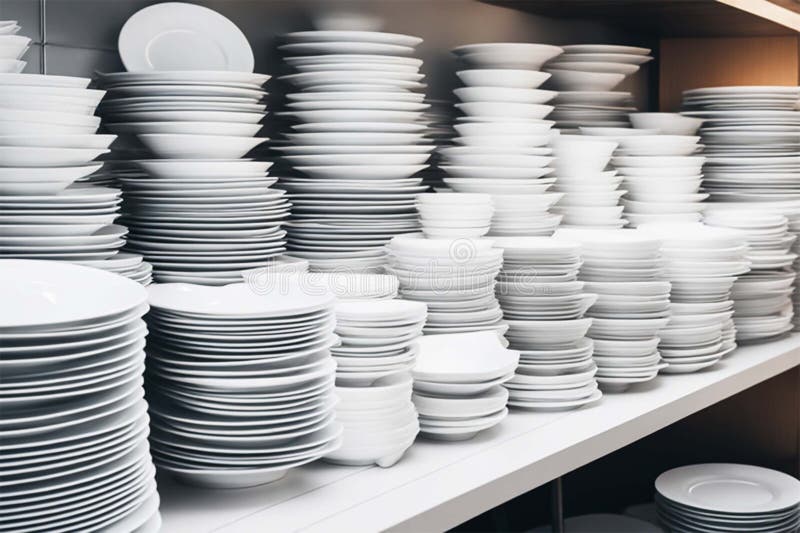 Lots of White Plates. Rows and Stacks of Empty Buffet Plates on a Shelf ...