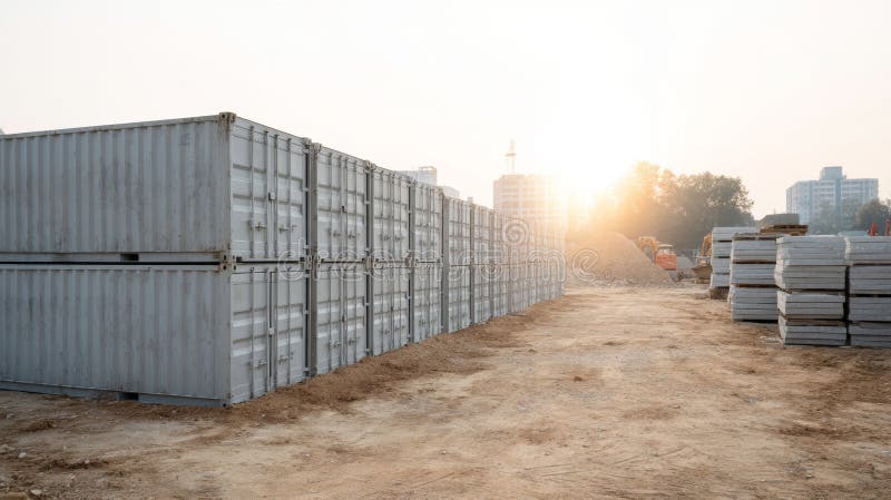 Rows of Storage Containers are Standing on a Dusty Construction Site at ...