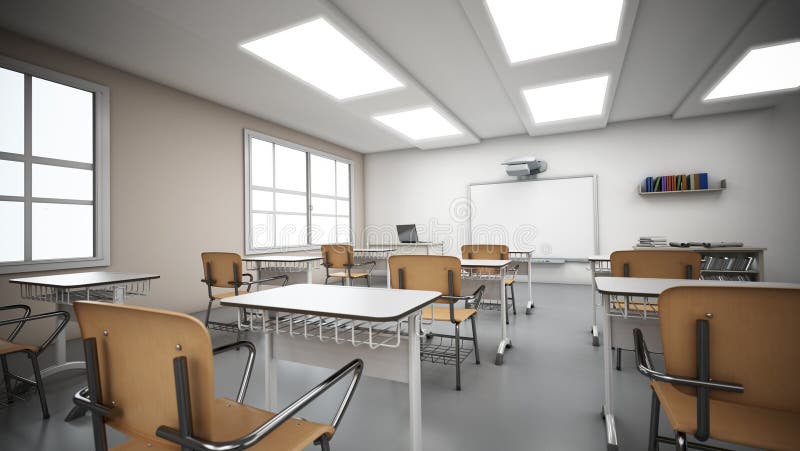 Rows of Student Desks Inside the Classroom. 3D Illustration Stock ...