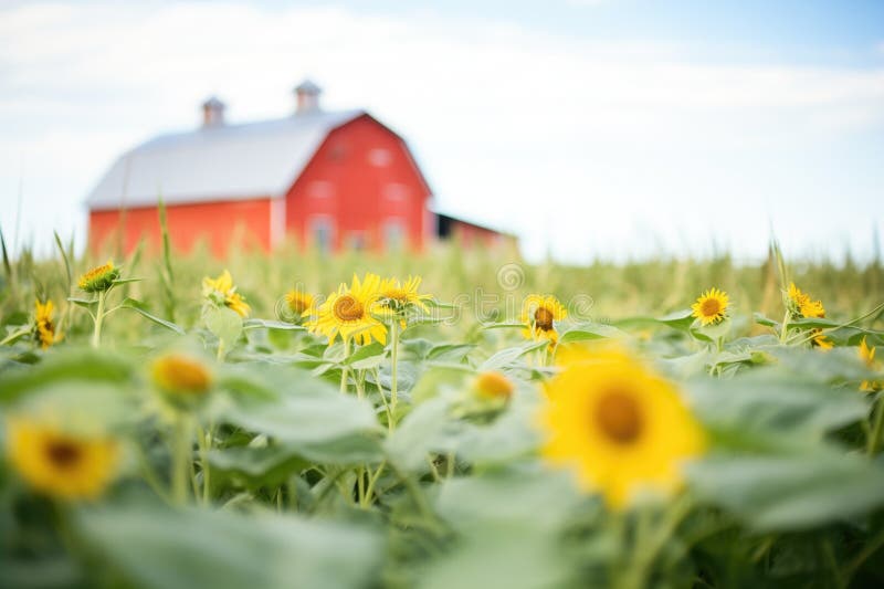 Rows of Sunflowers with a Red Barn in the Distance Stock Photo - Image ...