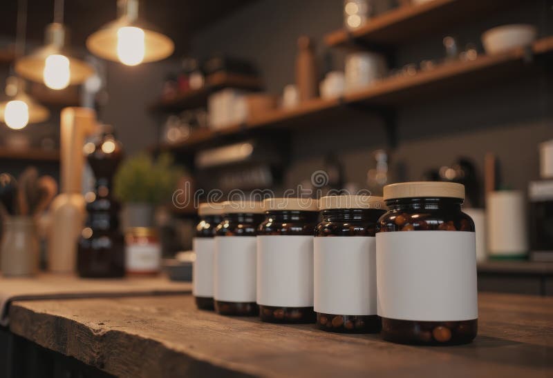 Rows of Supplement Jars with Plain Labels on a Wooden Shelf Stock Photo ...
