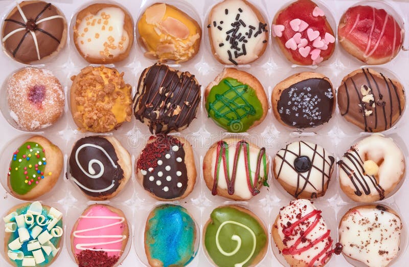 Rows Of Various Chocolate & Sugar Donuts Stock Image - Image of crispy ...