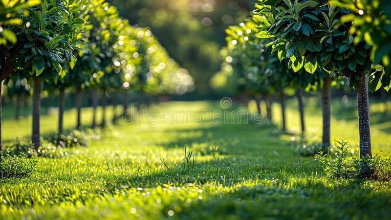 Rows of Thriving Trees Create a Vibrant Path, Illuminated by Warm ...