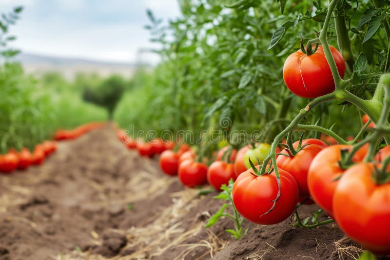 Rows of Tomato Plants with Ripe Fruit in Farmland Stock Image - Image ...