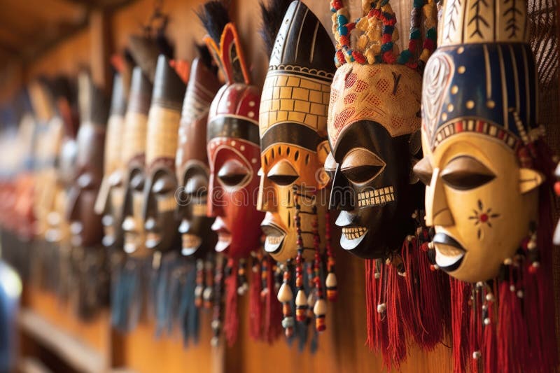 Rows of Traditional African Masks on Display Stock Image - Image of ...