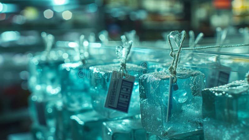 Rows of Translucent Ice Blocks with Attached Labels Stock Image - Image ...