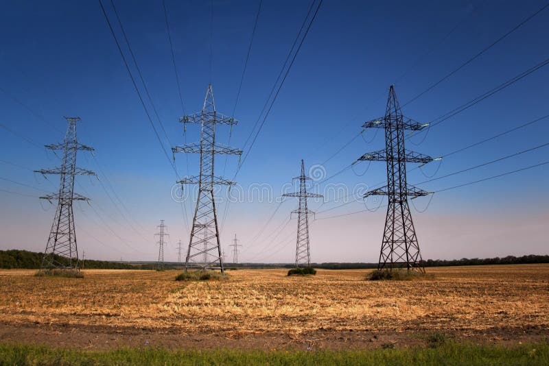 Rows Transmission Towers Power Lines Field Stock Photos - Free ...
