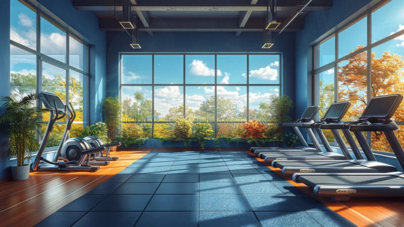 Rows of Treadmills in a Gym with Windows Stock Photo - Image of ...