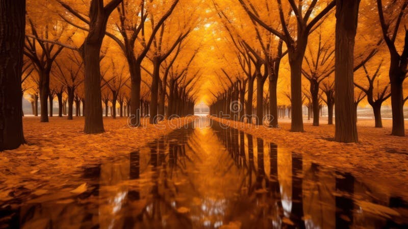 Rows of Trees Along a Long Empty Park Path or Footpath in Autumn after ... Rows of Trees Along a Long Empty Park Path or Footpath in Autumn after ...