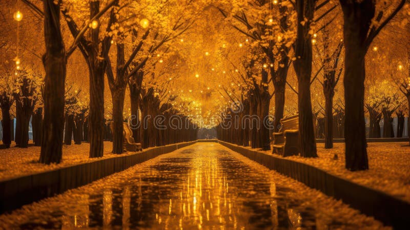 Rows of Trees Along a Long Empty Park Path or Footpath in Autumn after ... Rows of Trees Along a Long Empty Park Path or Footpath in Autumn after ...