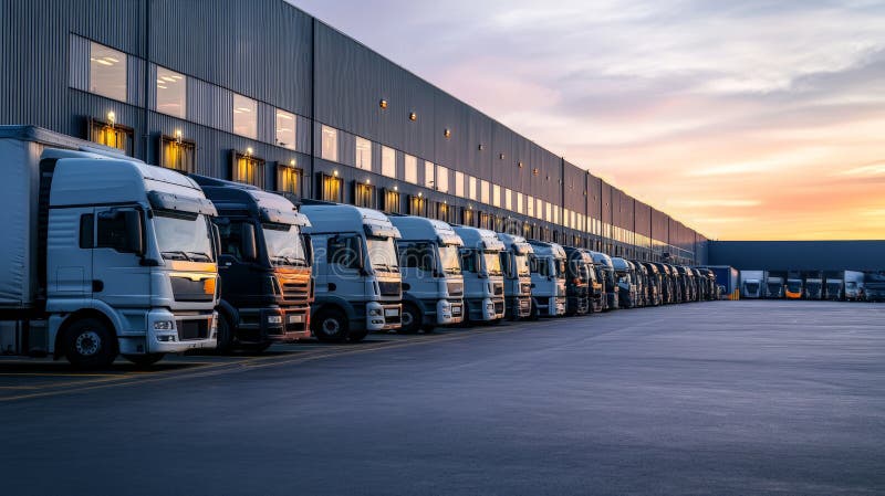Rows of Trucks are Parked in a Lot Outside a Modern Warehouse As the ...