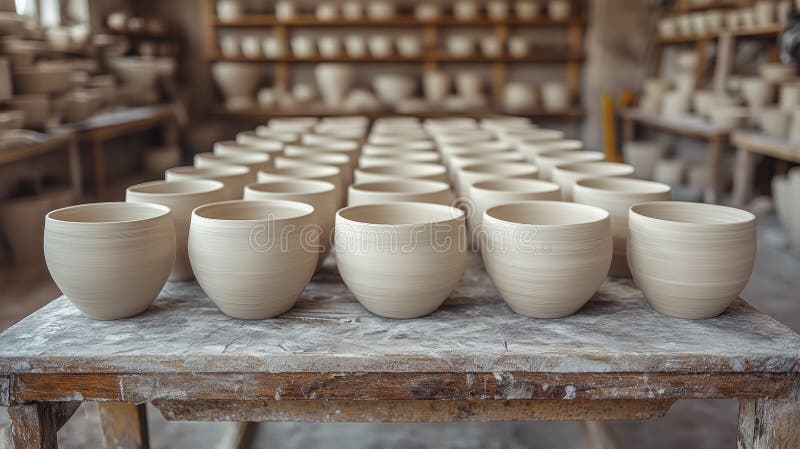 Rows of Unfinished Ceramic Bowls Sit on a Work Table Stock Photo ...