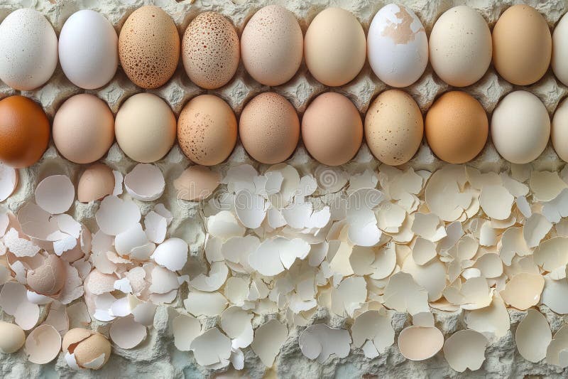 Rows of Varied Eggs with Shells Arranged Artfully on a Textured Surface ...