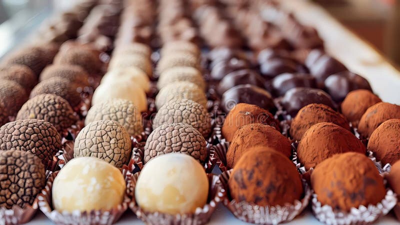 Chocolate Truffles Varying in Size, Color, and Coating, Lined Up Neatly ...