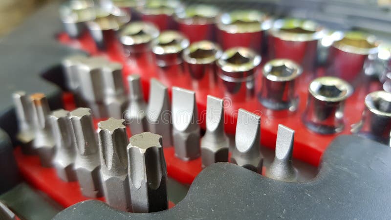 Set of Steel Bits and Socket for Bits. Toolkit Drills Closeup Stock ...