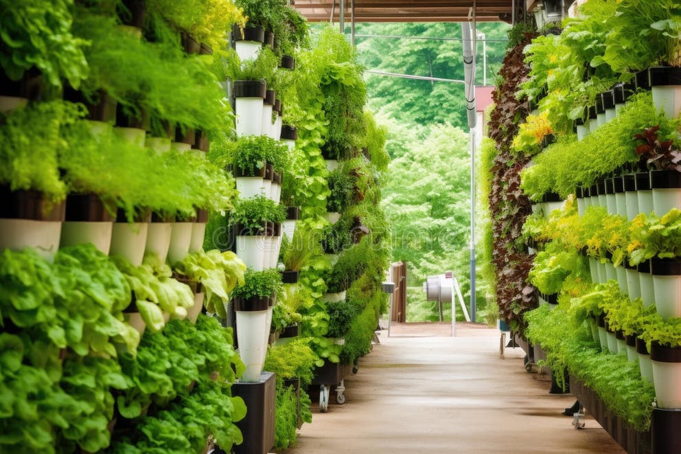 Rows of Vertical Hydroponic Planters with Herbs Stock Illustration ...