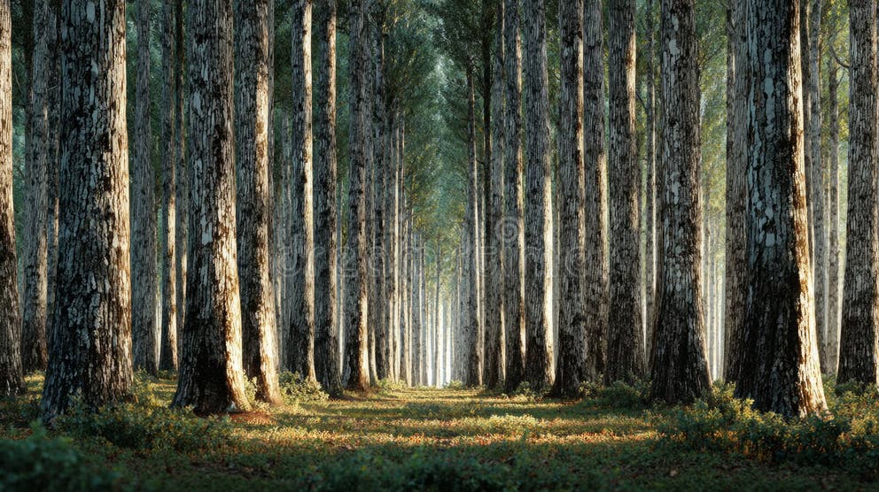 Rows of Vertical Tree Trunks in a Reforested Grove with Sunlight ...