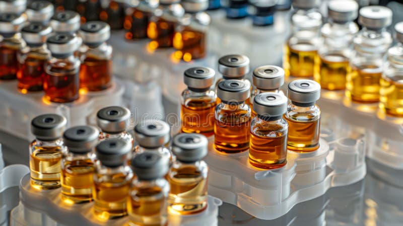 Rows of Vials with Colorful Liquid in Laboratory. Generative Ai Stock ...
