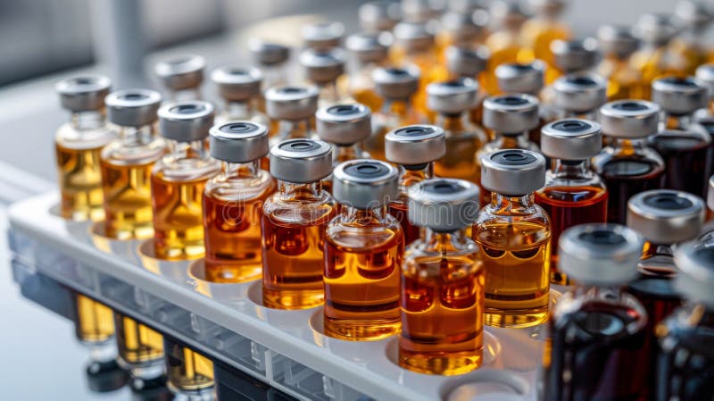 Rows of Vials with Colorful Liquid in Laboratory. Generative Ai Stock ...