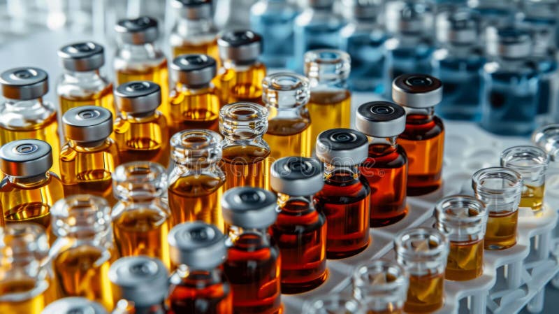 Rows of Vials with Colorful Liquid in Laboratory. Generative Ai Stock ...