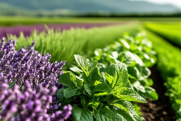 Rows of Vibrant Crops Thrive between Fragrant Lavender and Lush Mint, Creating a Stunning Visual ...