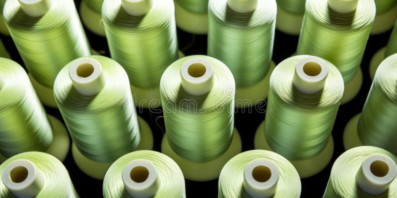 Rows of Vibrant Green Thread Spools. Bobbin Yarn, Textile Industry ...