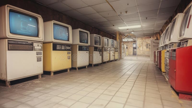 Vintage Computers Filling a Corridor in a Nuclear Bunker Stock Image ...
