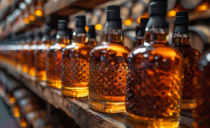 Rows of Whiskey Bottles on Shelf in Distillery Stock Image - Image of ...