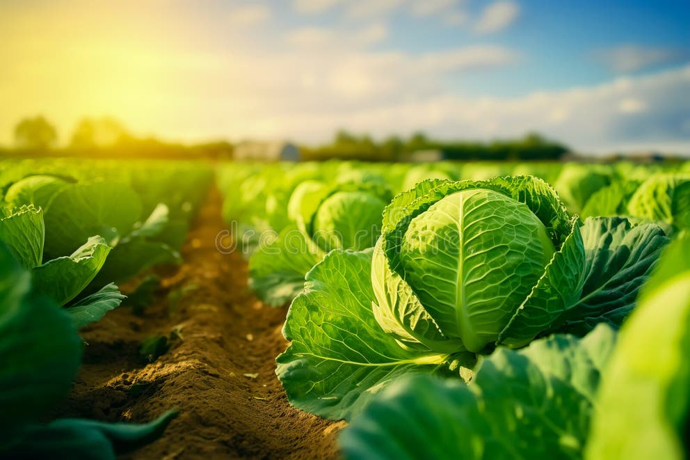 Rows of White Cabbage on the Field Stock Illustration - Illustration of ...