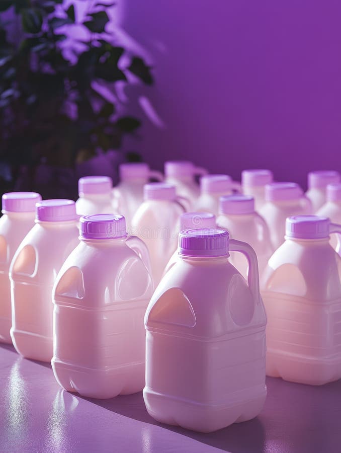 Rows of White Milk Jugs with Purple Lighting on Display. Stock Image ...