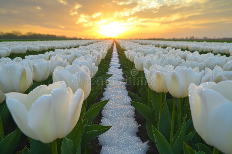 Rows of White Tulips Blooming in a Field at Sunset with Dew Drops on ...