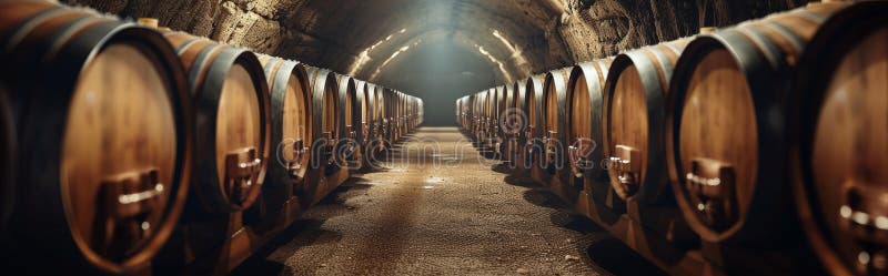 Rows of Wine Barrels in a Dark Cellar Stock Image - Image of interior ...